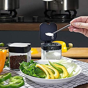 QAZSE Sugar Bowl with Lid and Spoon Glass Square 8 Ounce Clear Seasoning Jars Pepper Salt Spice Containers Gourmet Food Condiment Organizer with Base, Set of 3, Black