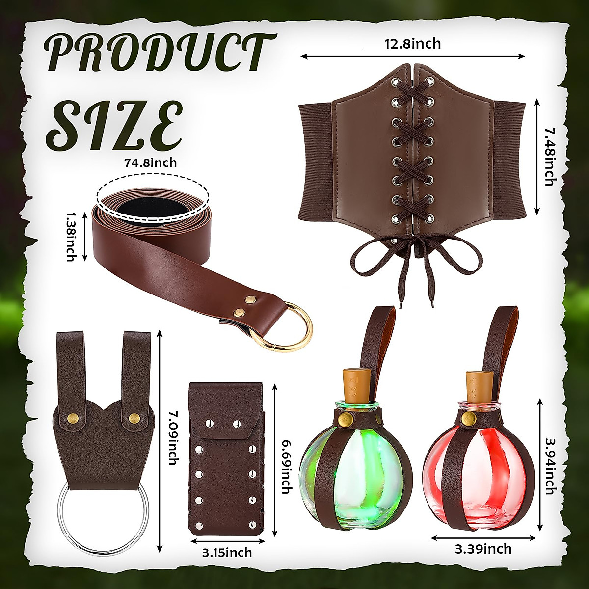 Ramede Halloween Cosplay Accessories Leather Ring Belt Witch Wizard Waist Corset Cork Potion Bottle Medieval Pouch(Brown)