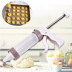 FRJ Transparent multi-function cookie pressure spray gun kit with 13 discs and 6 icing tips, perfect for DIY cookie making and cake frosting decoration