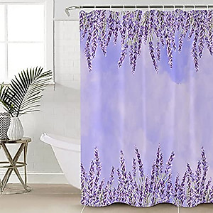 4 Pcs Shower Curtain Set with 12 Hooks Flower Spring Painting Style Lavender Purple Bathroom Sets with Non-Slip Bath Mat Toilet Lid Cover Waterproof Durable Shower Curtain and Rugs