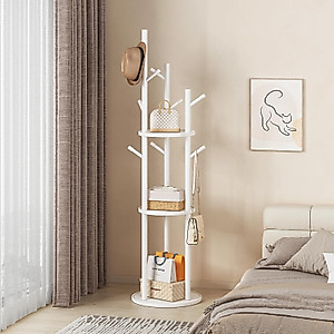 XIDIHF Freestanding Coat Rack with 9 Hooks & 3 Storage Shelves, Wooden Hat Rack Stand for Entryway, Hallway & Bedroom – Ideal for Hanging Clothes, Hats, Bags, Keys, White