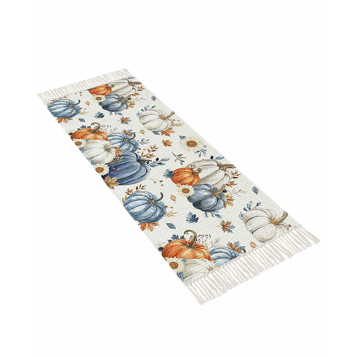 Thanksgiving Orange Blue White Pumpkins Hallway Runner Rug 2x6ft,Fall Eucalyptus Washable Woven Living Room Bedroom Kitchen Bathrom Carpet with Tassels Indoor Outdoor Throw Door Mat for Entryway