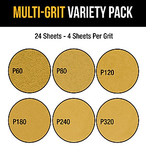 Dura-Gold Premium Triangle Mouse Sanding Sheets Variety Pack - 60, 80, 120, 180, 240, 320 Grit (4 Each, 24 Total), 6 Hole Pattern Hook & Loop Triangular Shaped Sander Discs, Aluminum Oxide Sandpaper
