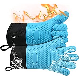 SkyC- Oven Gloves, Pot Holder, Oven Mitts, Cooking Gloves, Grilling Gloves, Kitchen Mittens, Heat Resistant, BBQ Gloves, 450 Degrees F. (Blue)