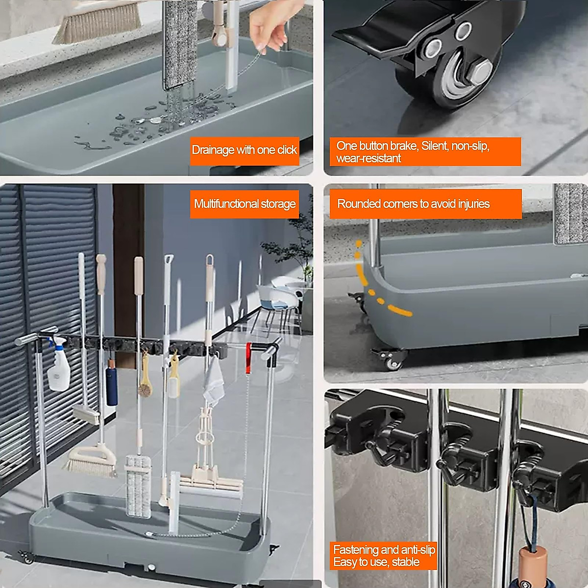 IGZVMBO Hanging Broom Mop Holder, Hand Trucks Broom, Movable Commercial Mop Rack, Cleaning Cart On Wheels, Tool Storage for Garage Garden Closet, 62x40x96cm(6slots), Silver