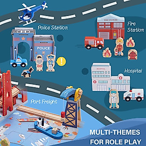 Giant bean 117 Pcs Busy Port City Train Set for Kids- Expandable & Changeable Wooden Train Tracks Set Toddler Toy, Gift for Boys and Girls Ages 3+, Fits for Thomas The Train, Brio, Melissa & Doug