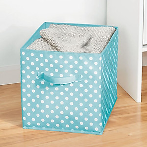 mDesign Soft Fabric Closet Storage Organizer Cube Bin Box, Handle - Storage for Baby Child/Kids Room, Nursery, Toy Room, Furniture Units, Shelf, 4 Pack - Turquoise/White Polka Dots