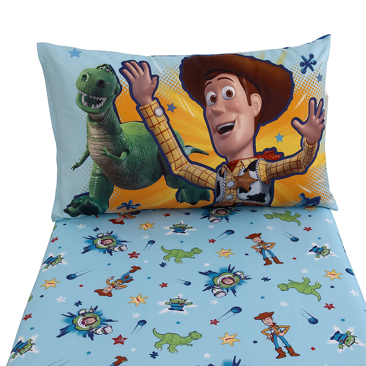 DISNEY Toy Story Power Up 2 Pack Fitted Sheet and Pillowcase Toddler Sheet Set, Blue/Green
