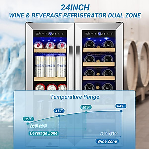 Velivi Wine and Beverage Refrigerator Under Counter, 24 Inch Beverage Fridge Dual Zone with Glass Door, Freestanding & Built In Beverage Cooler with Increase Capacity Space, Advanced Cooling System