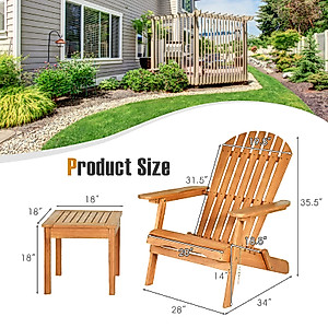 Tangkula 3 Pieces Adirondack Chair Set, Outdoor Wood Furniture Set with 2 Folding Lounge Chairs & Side Table, Widened Armrest, Slatted Design, All Weather Conversation Set for Garden Patio Backyard