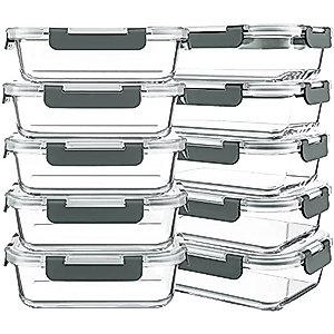 KOMUEE 10 Packs 30 oz Glass Meal Prep Containers,Glass Food Storage Containers with Lids,Airtight Glass Lunch Bento Boxes,BPA Free,Microwave, Oven, Freezer and Dishwasher,Gray