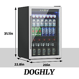 DOGHLY 4.5 Cu.ft Beverage Refrigerator Cooler, 145 Can Mini Fridge with Glass Door, Digital Temperature Display for Soda, Beer or Wine For Office or Bar with Adjustable Removable Shelves, Silver