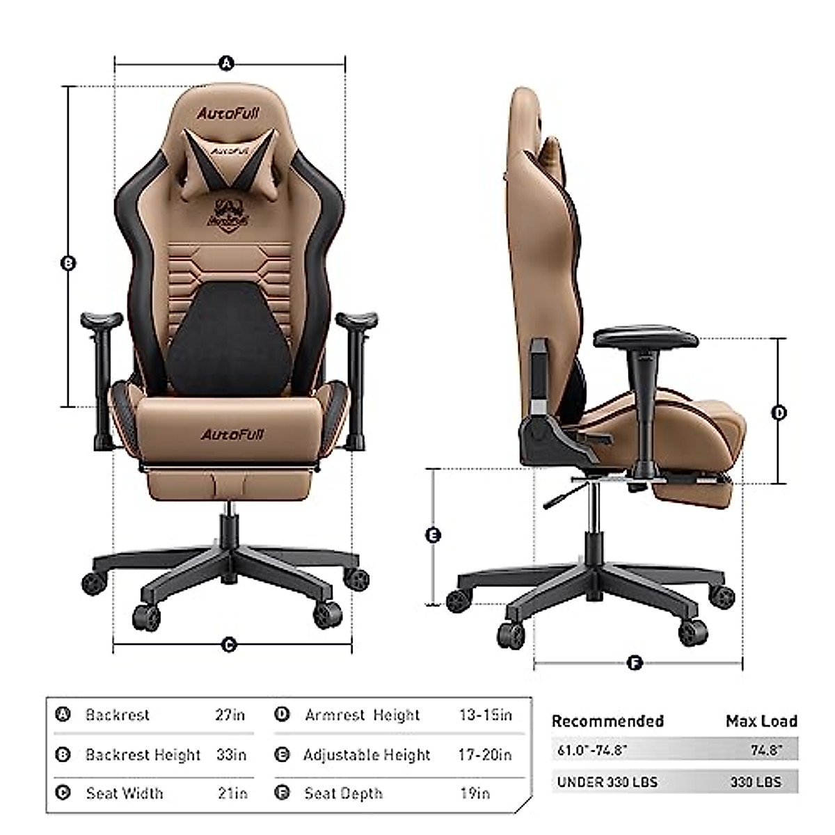 AutoFull C3 Gaming Chair Office Chair PC Chair with Ergonomics Lumbar Support, Racing Style PU Leather High Back Adjustable Swivel Task Chair with Footrest (Brown)