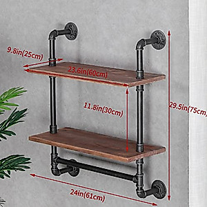 RZGY Industrial Pipe Shel with Towel Bar, 2 Tier 23.6" Towel Racks for Bathroom, Rustic Farmhouse Pipe Industrial Wall Shelves Bathroom Shelves Over Toilet for Storage