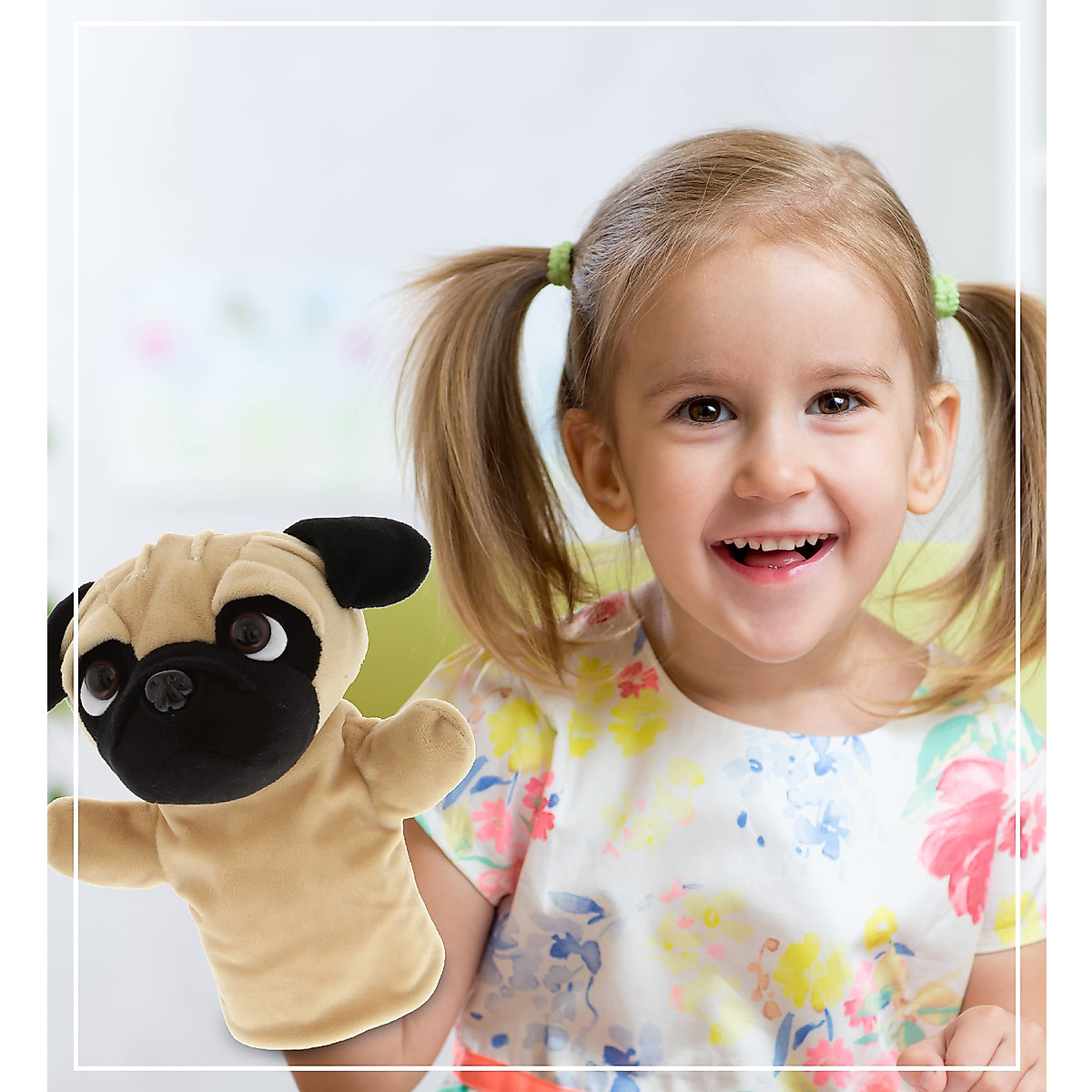 DolliBu Pug Dog Hand Puppet - Super Soft Plush Pug Stuffed Animal Hand Puppets for Kids, Cute Educational Pug Hand Puppets for Adults Teaching and Story Telling Puppet Show Theater Games - 8.5 Inches