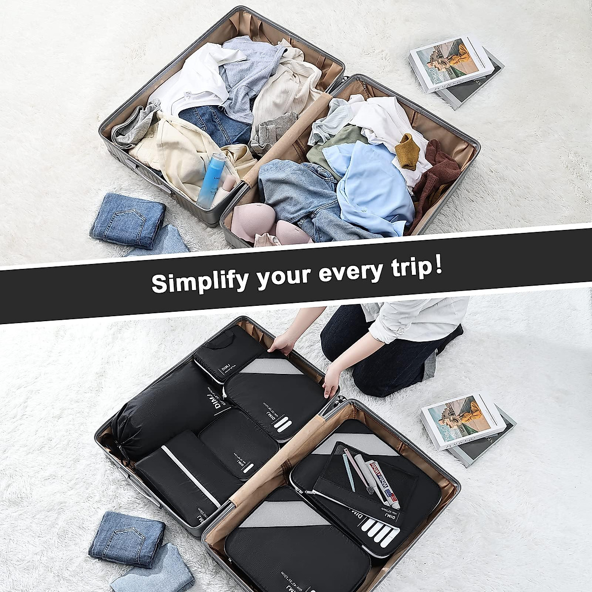 DIMJ Packing Cubes - 8 Packs Travel Organizer Bags for Luggage, Lightweight Travel Accessories, Travel Luggage Organizers with Laundry Bag, Shoe Bag, Toiletries Bag (Black)