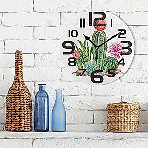 Oreayn Tropical Cactus Flower Wall Clock for Home Office Bedroom Living Room Decor Non Ticking Green