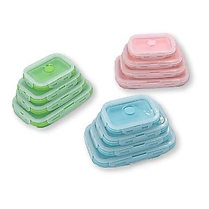 sloppyhla 4 Pack Silicon Lunch Box Flat Stacks Collapsible Food Storage Containers With Lids, Leftover Meal Box For Kitchen, BPA Free,Microwave and Freezer Safe, Foldable Thin Box Design (Pink)