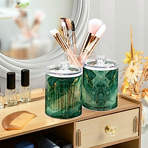 2 Pack Qtip Holder Organizer Dispenser Marble Green Bathroom Storage Canister Cotton Ball Holder Bathroom Containers for Cotton Swabs/Pads/Floss