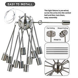 LynPon Brushed Nickel Sputnik Chandelier, 12 Lights Plating Silver Chandeliers Sputnik Light Fixture Modern Ceiling Light Mid Century Lighting for Dining Room Living Room Kitchen Foyer Bedroom