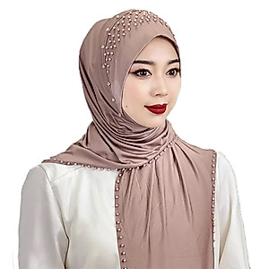 Woeoe Women Rhinestone Pearl Muslim Head Wrap Plain Color Crystal Muslim Hijab Cap Lightweight One Piece Breathable Head Scarf