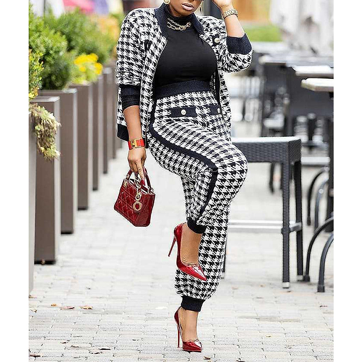 SOMTHRON Women’s Houndstooth Print 2 Piece Outfit Zip Up Long Sleeve Jacket Elastic High Waist Long Pants Set Work Suits Tracksuit BL-L