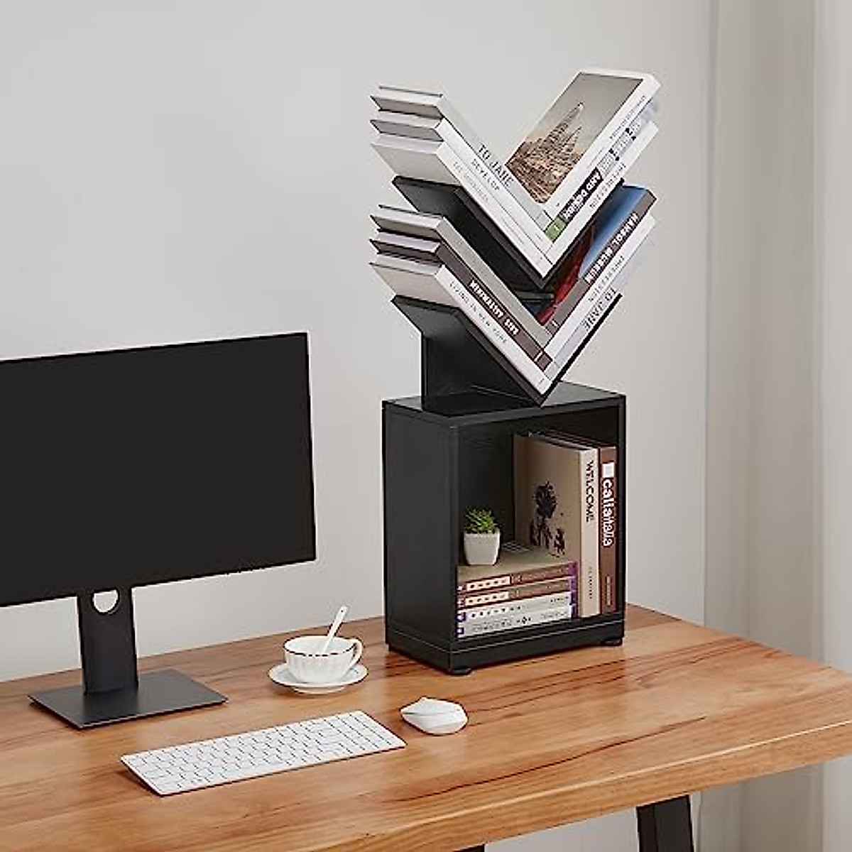 ruboka 2-Shelf Tree Bookshelf with Storage, 26.5-Inch Retro Floor Standing Bookcase Display for CDs/Magazine/Books, Small Bookshelf for Bedroom, Living Room, Office, Black Storage Shelves DESK52B