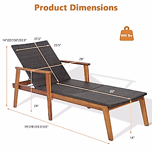 HAPPYGRILL 2PCS Patio Chaise Lounge Chair, Outdoor Rattan Recliner with 4-Level Adjustable Backrest, Solid Acacia Wood Frame, Ergonomic Lounge Chair for Backyard Poolside Balcony