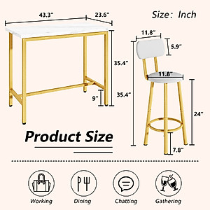 Recaceik Dining Table Set, 43.3” Rectangle Pub Bistro Dining Set Kitchen Table Set Bar Table with Backrest Stools, 5-Piece Breakfast Table Set with Metal Frame for Dining Room w/ 4 Chairs-Gold