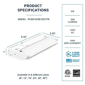 PARMIDA LED Swivel Under Cabinet Lighting, Hardwired or Plug-in Installation, 8 Inch, 6W, 3CCT Color Selectable - 3000/4000K/5000K, Rotatable Lens, Dimmable, Linkable, 120V, 360LM, White