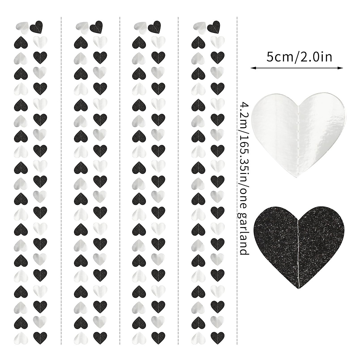 Black White-Silver Party-Decoration Heart Garland - 52ft 21st Men Birthday New Years Eve Hanging Backdrop Streamers,Graduation Engagement Wedding Bachelorette Banner Supplies Decor Lasting Surprise