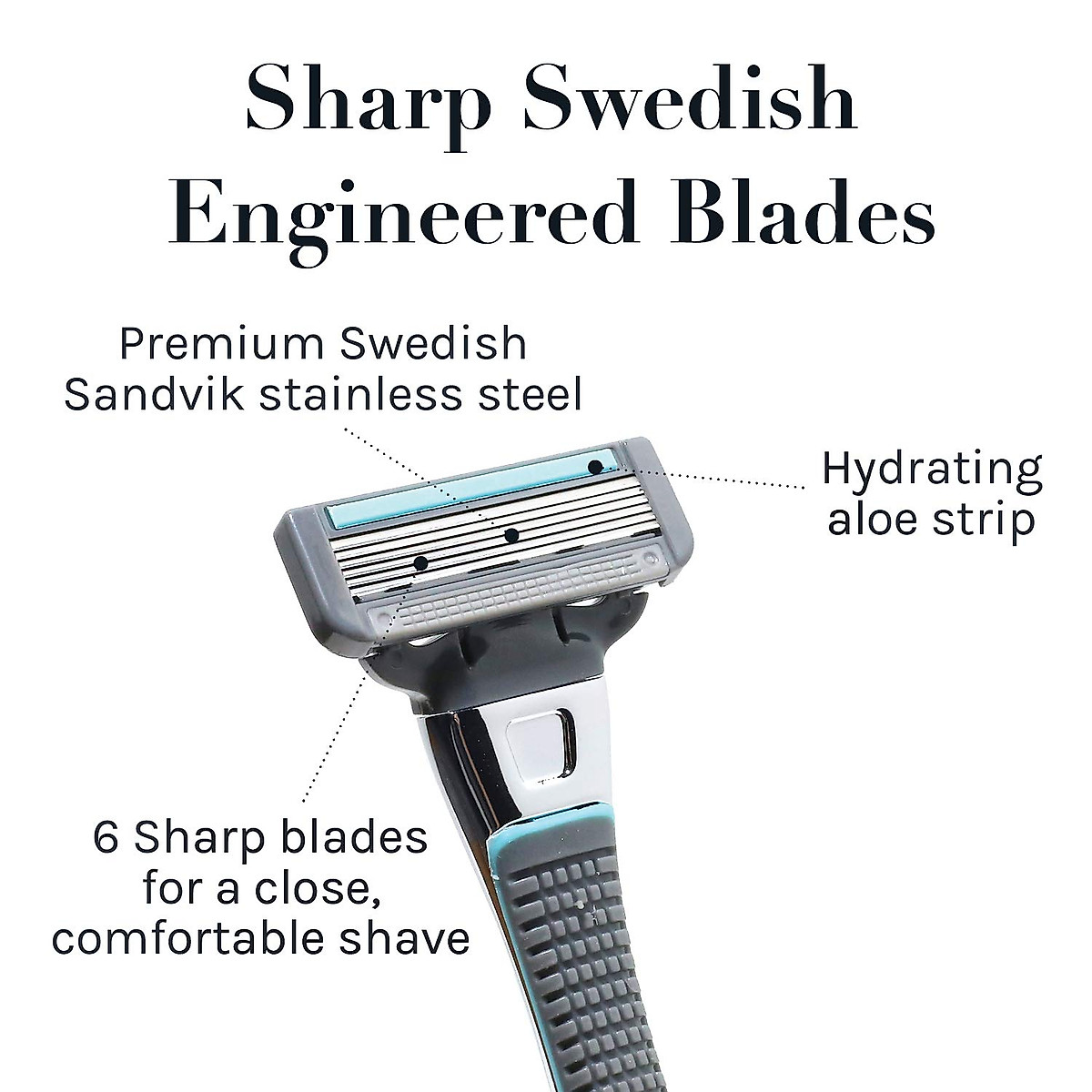 AOA Men's 6 Blade Razor Kit 7pcs in Kit Including 1pc Handle 5pcs Swedish Six-Blade Heads 1pc Stainless Steel Shower Hook Lubricating Aloe Vitamin E Strip for Comfortable Close Shave