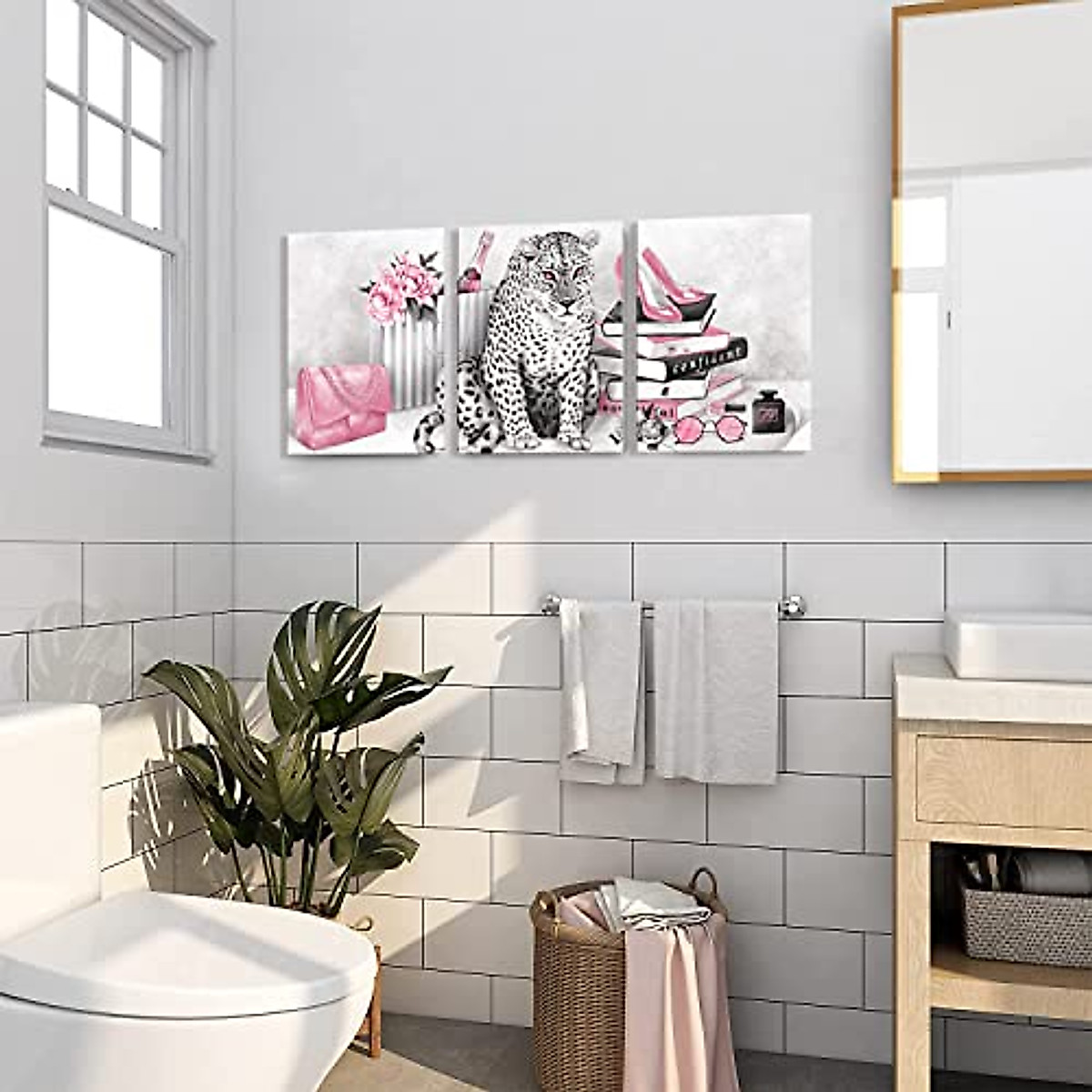 Visual Art Decor Glam Fashion Picture Pink Blush Wall Art Leopard Books High Heel Shoes Perfume Canvas Prints for Modern Home Office Woman Girl Makeup Bedroom Wall Decoration Creative Design Gift (12x16x3)