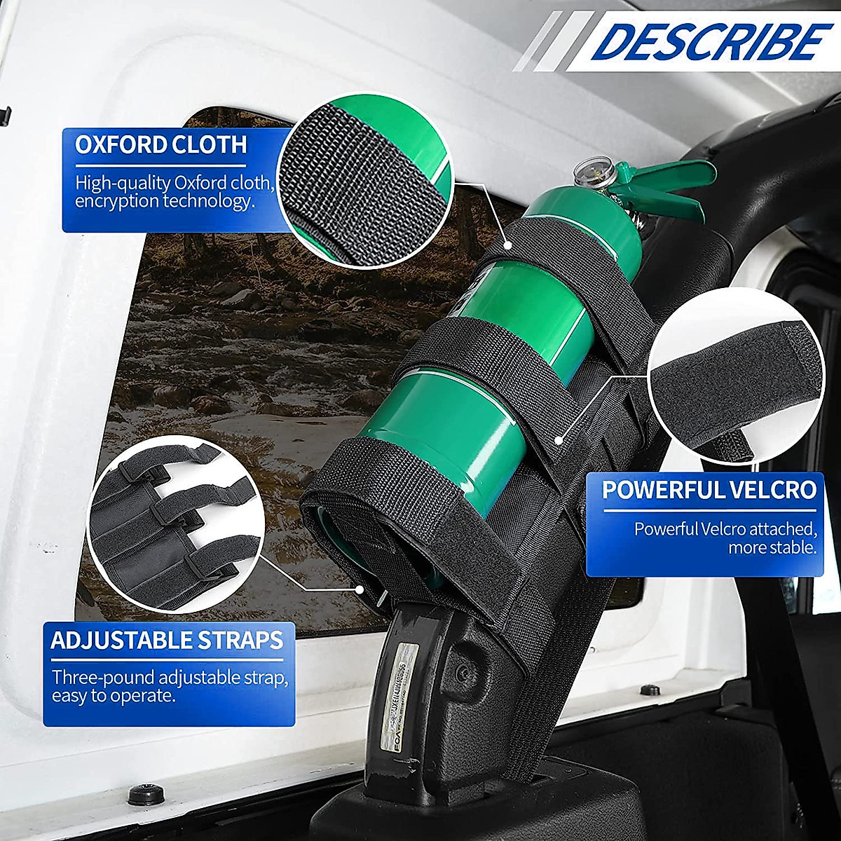 Miytsya 1 PC Fire-Extinguisher Holder Adjustable Roll Bar, Jeep Wrangler Roll Bar Fire Extinguisher Strap, American Flag Pattern, Universal for Jeep Wrangler 1965-2022 JK JKU TJ CJ Gladiator (Black)