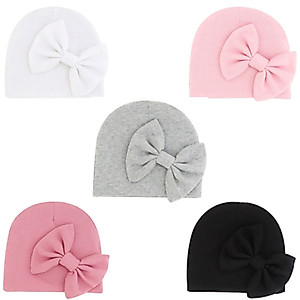 DRESHOW BQUBO Newborn Baby Hats Hospital Hat Baby Cotton Beanie Infant Bow Hats for 0-6 Months
