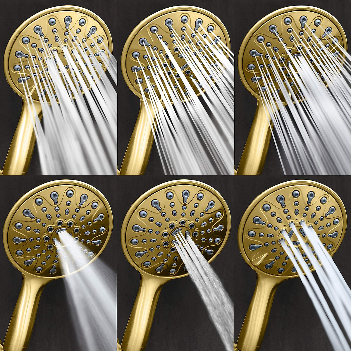 ShowerMaxx, Elite: ImperialShine Gold Finish Hand Held Rain Shower Head, Large 6 inch 6 Spray Settings Handheld Rainfall Showerhead with Long Stainless Steel Hose, (Polished Brass/ImperialShine Gold)