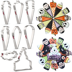 LILIAO Halloween Cookie Cutter Set - 8 Piece - Skull, Witch, Candy Corn, Vampire, Pumpkin, Zombie, Bat and Ghost Plaque Fondant Biscuit Cutters - Stainless Steel