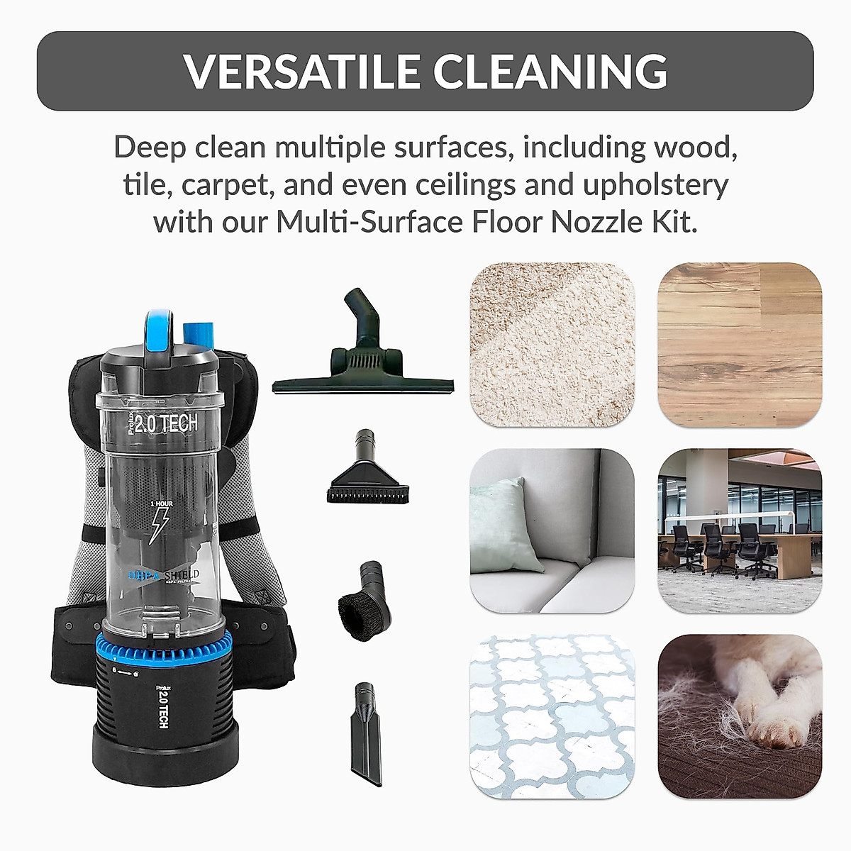 Prolux 2.0 Cordless Battery Bagless Backpack Vacuum Cleaner w/Dual HEPA Shield Filtration and Tool Accessory Kit