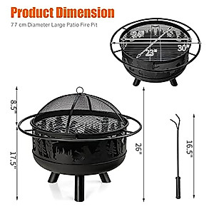 Tangkula Outdoor Wood Burning Fire Pit, 30 Inch Round Fire Pit Bowl w/Fire Poker, Grill & Spark Screen, 2-in-1 Powder-Coated Steel Firepit for Patio, Backyard, Barbecue, Bonfire (Black)