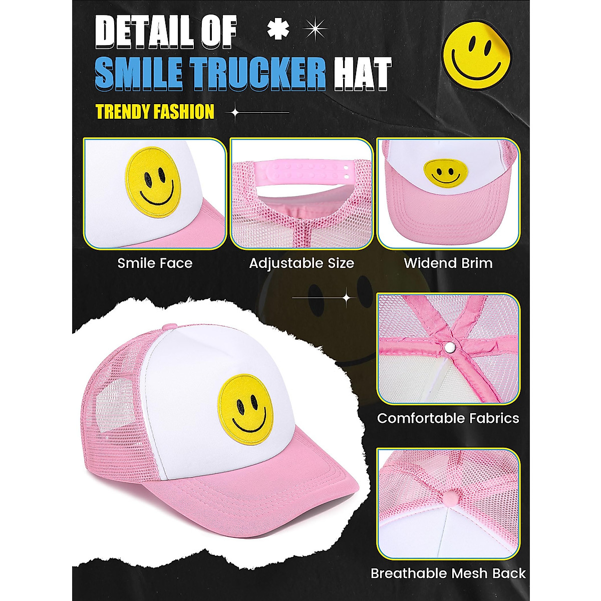 Cozypower 2 Pcs Smile Face Baseball Cap Smile Trucker Hat Mesh Adjustable Baseball Cap Retro Preppy Hats for Women(Blue, Pink, White)