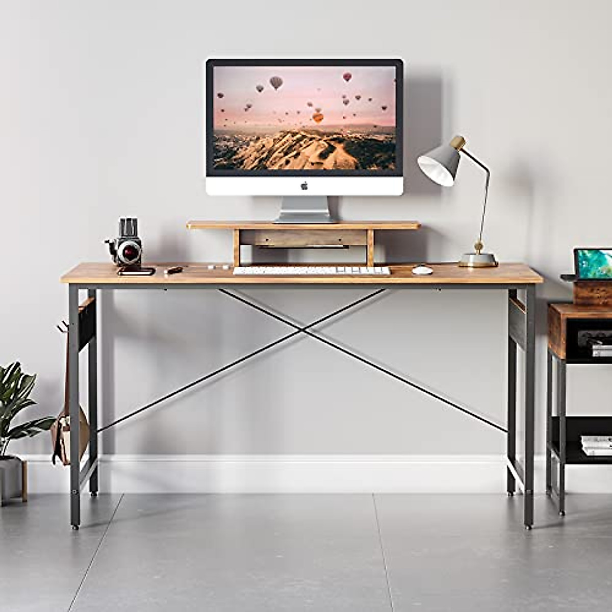 CubiCubi Small Computer Desk 40" Home Office Desk with Storage Table, Modern Writing Style PC Table with Mobile Phone Bracket and Hooks, Rustic Brown