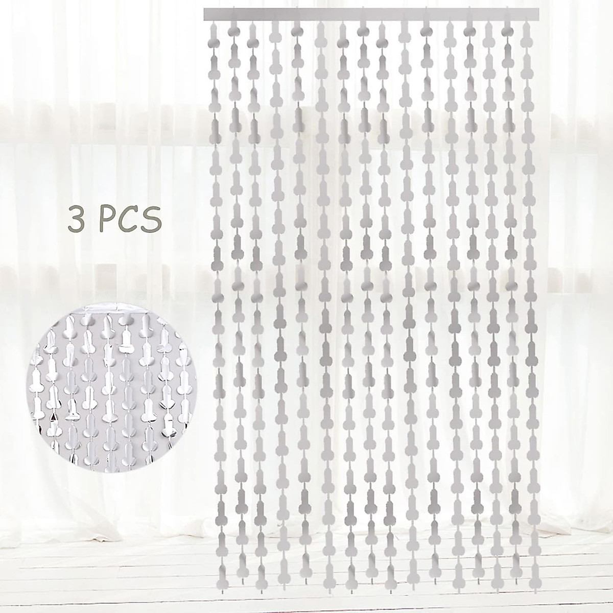 3PCS Bachelorette Party Decorations, Tassel Curtains Photo Backdrop for Wedding Bridal Shower Hen Bride to Be Party Supplies (Silver)