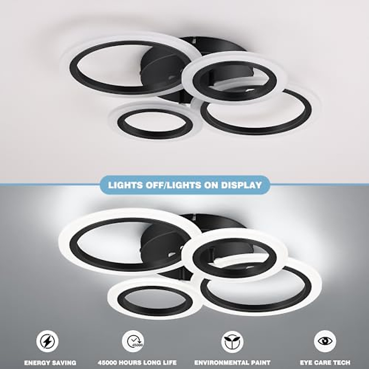 Vikaey Modern LED Flush Mount Ceiling Light, 4 Rings Black Close to Ceiling Light, Lighting Fixture Ceiling Lamp for Kitchen, Living Room, Bedroom, Laundry Room, 4000K Not dimmable
