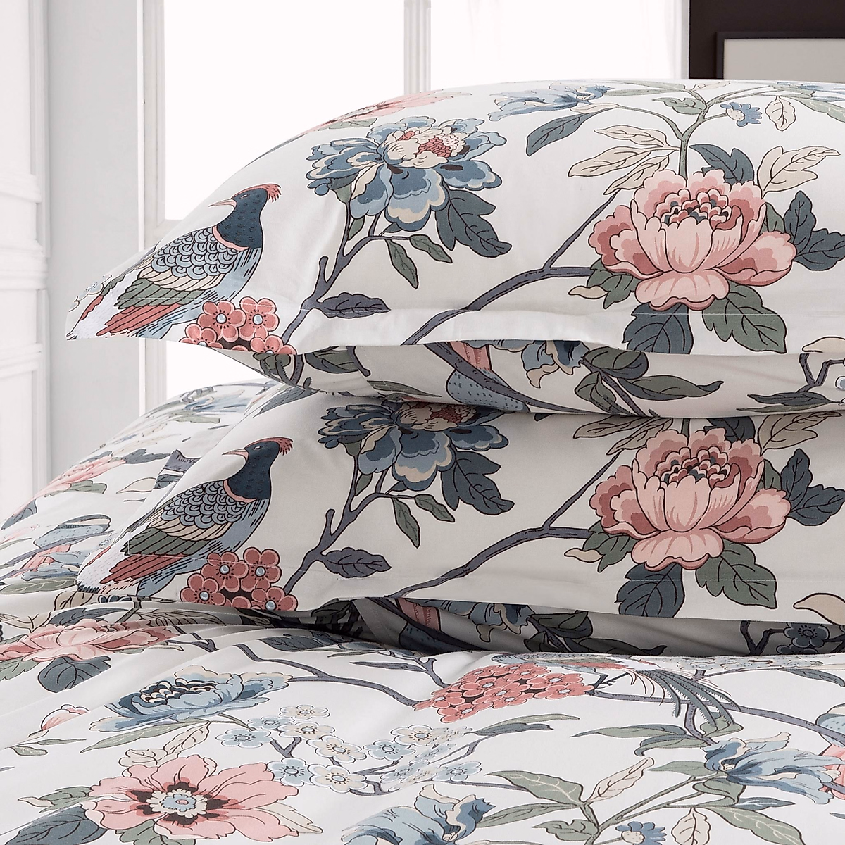 Eikei Cottage Bloom Garden Duvet Cover Set French Country Provincial Chic Floral Birds Bedding Peony Blossom Tree Branches (Muted, King)