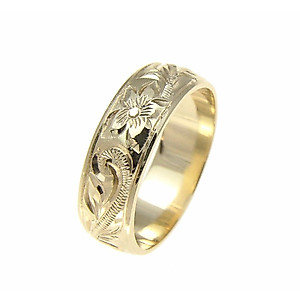 Arthur's Jewelry 14K yellow gold hand engraved Hawaiian plumeria scroll band ring smooth edge 6mm size 7