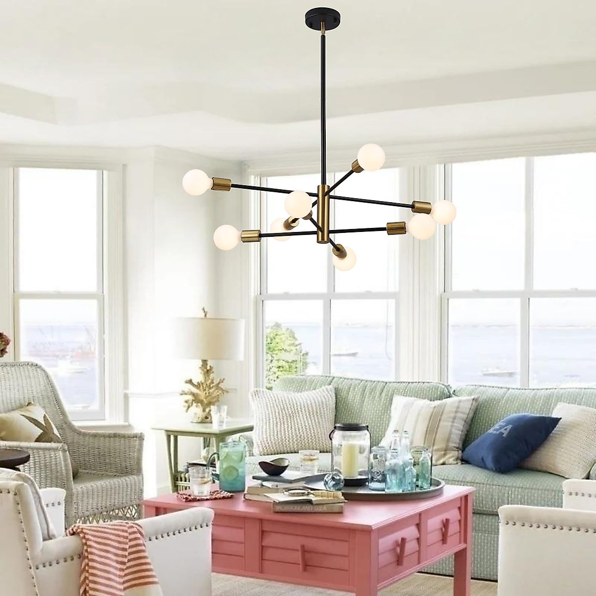 AMMACX Modern Sputnik Chandelier, Black and Gold Ceiling Light Fixture, Mid Century Globe Ceiling Chandelier for Living Room Dining Room Bedroom Kitchen, Height Adjustable (8-light)