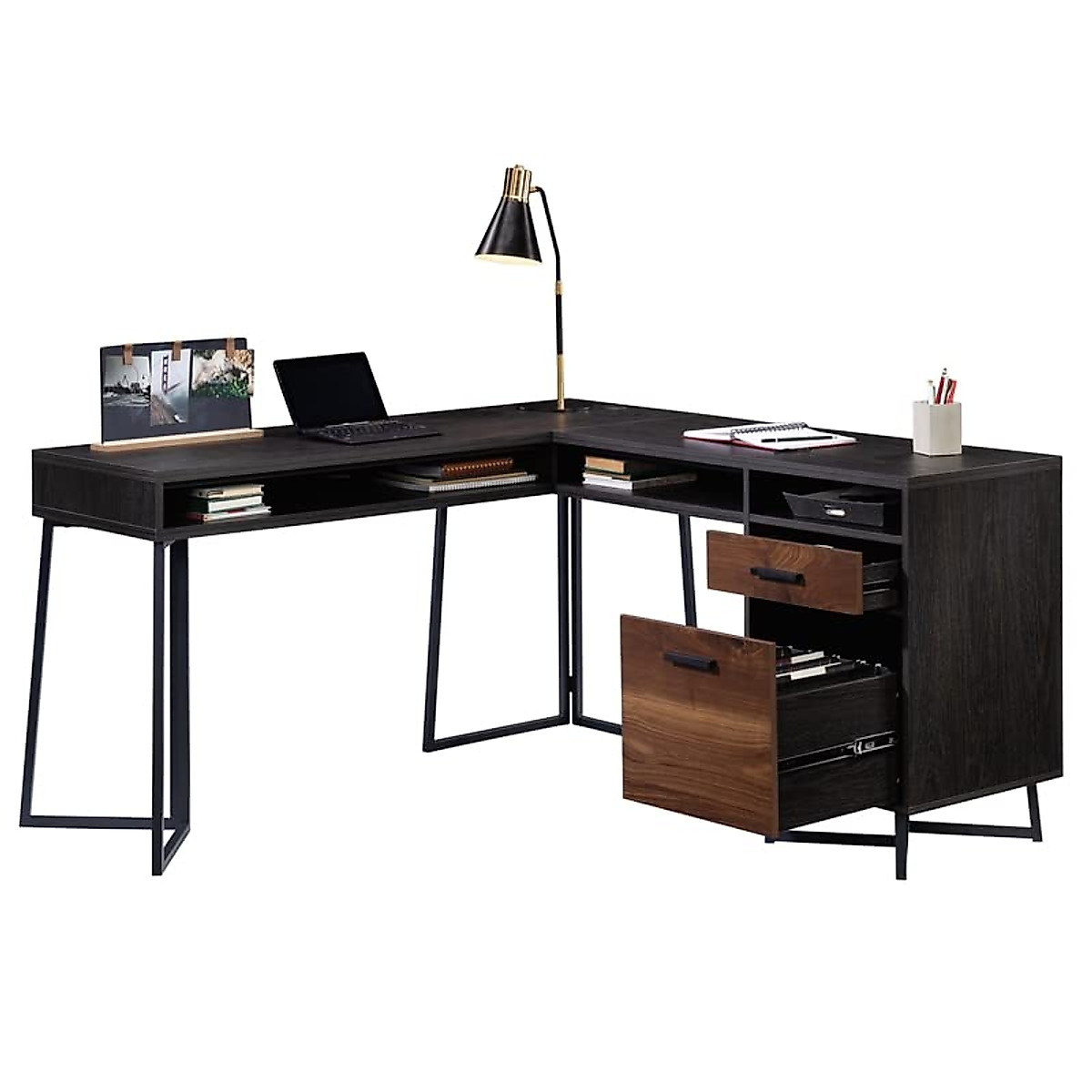 Sauder Canton Lane Engineered Wood and Metal L-Desk in Brew Oak