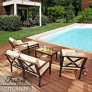 Festival Depot Dining Outdoor Patio Bistro Furniture Ottoman Footstool with Slatted Steel Frame Legs with Embed Premium Fabric Soft & Comfortable 4.3" Cushion Foot Rest for Garden Yard All-Weather