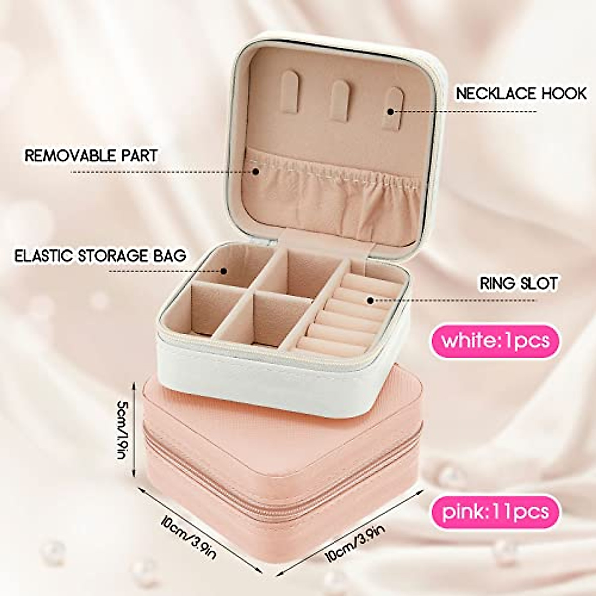 12 Pcs Travel Jewelry Case Bridesmaid Gift Boxes Jewelry Travel Organizer Small Jewelry Box Mini Storage Organizer Storage Box for Women Girls Bridesmaid Gift (White, Pink)