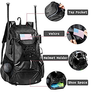 VIGEGARI Youth Baseball Bag, Baseball Backpack for Boys,Youth, Adults-Bat Bag, Softball Bag, T-Ball, Softball Equipment & Accessories for Bat, Glove Holder, Helmet, Shoes Compartment, Baseball Gifts